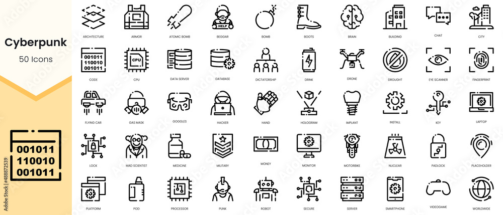 Simple Outline Set of Cyberpunk icons. Linear style icons pack. Vector ...