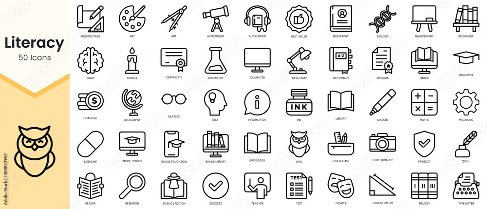 Simple Outline Set of literacy icons. Linear style icons pack. Vector ...