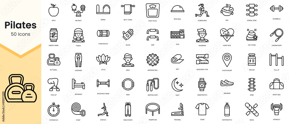 Simple Outline Set of pilates icons. Linear style icons pack. Vector ...