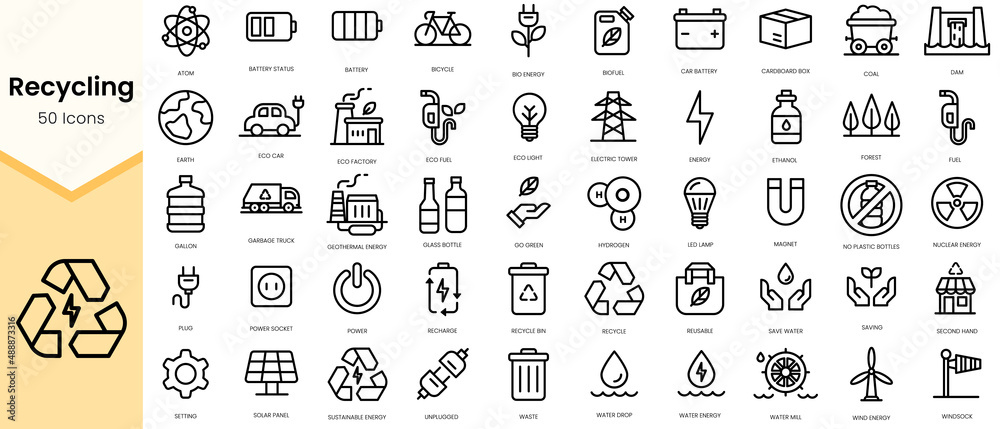 Simple Outline Set of recycling icons. Linear style icons pack. Vector ...