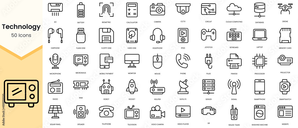 Simple Outline Set of technology icons. Linear style icons pack. Vector ...