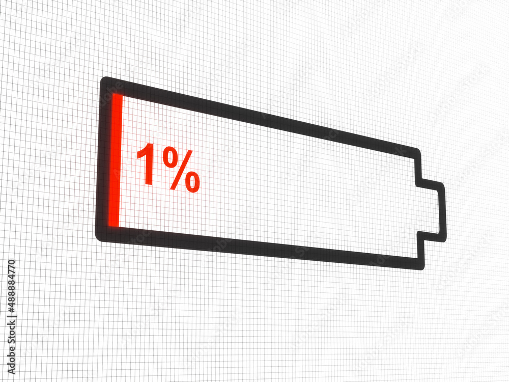 Empty battery, no power. Close-up display with battery level 1% ...
