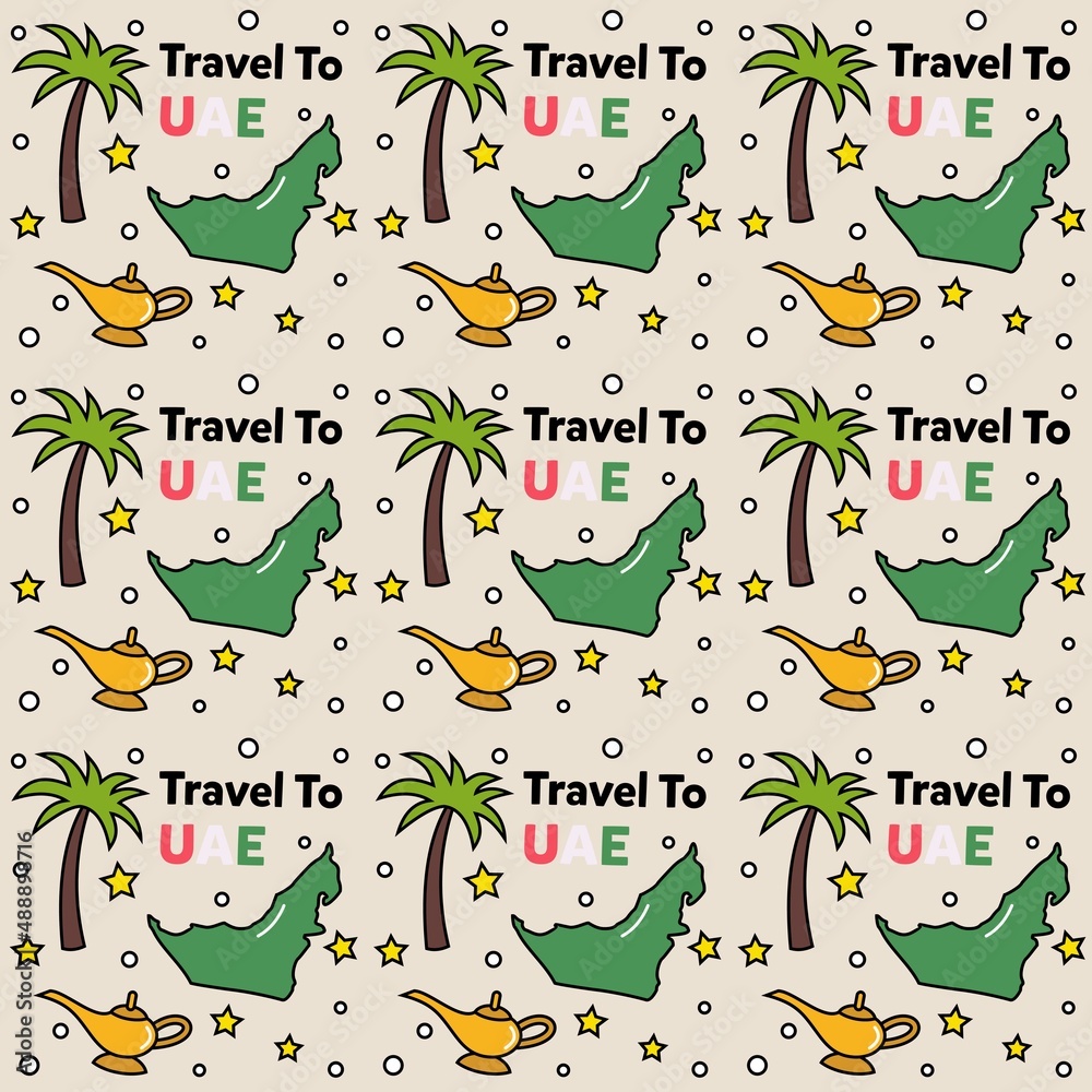 Travel to UAE doodle seamless pattern vector design. Map, flag, tree ...