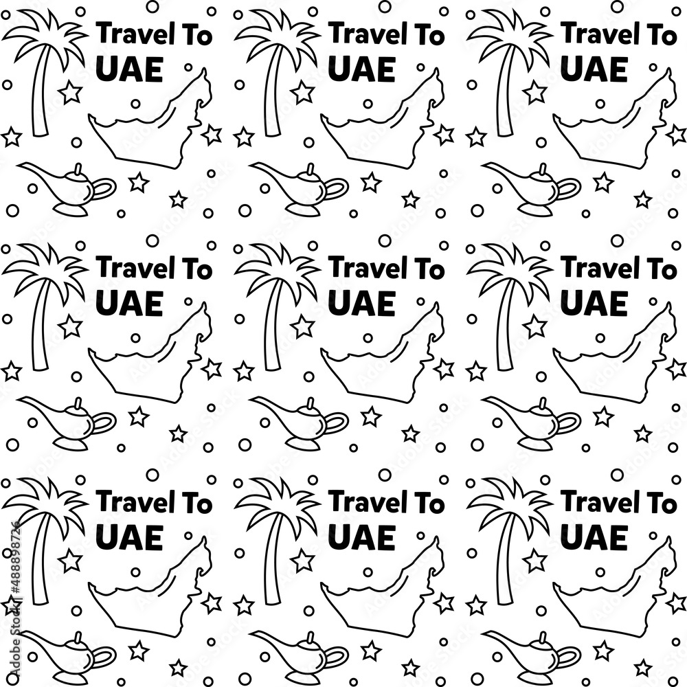 Travel to UAE doodle seamless pattern vector design. Map, flag, tree ...