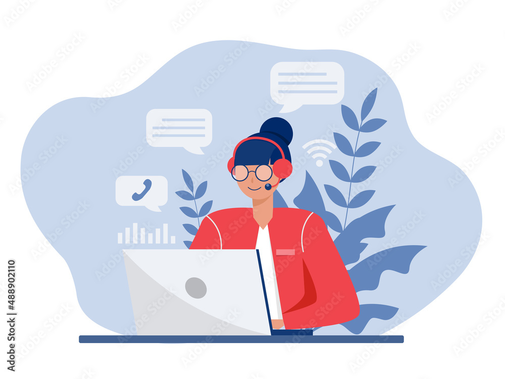 woman operators in headset advising customers flat style design.Call ...