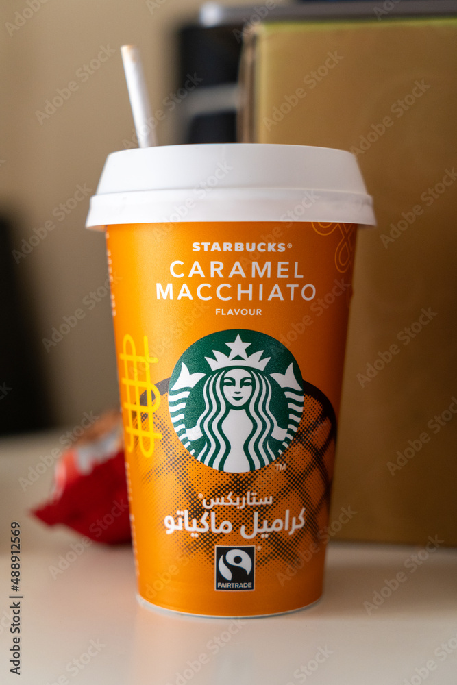 DOHA, QATAR - FEB 23, 2022: Starbucks Caramel Macchiato flavour ...