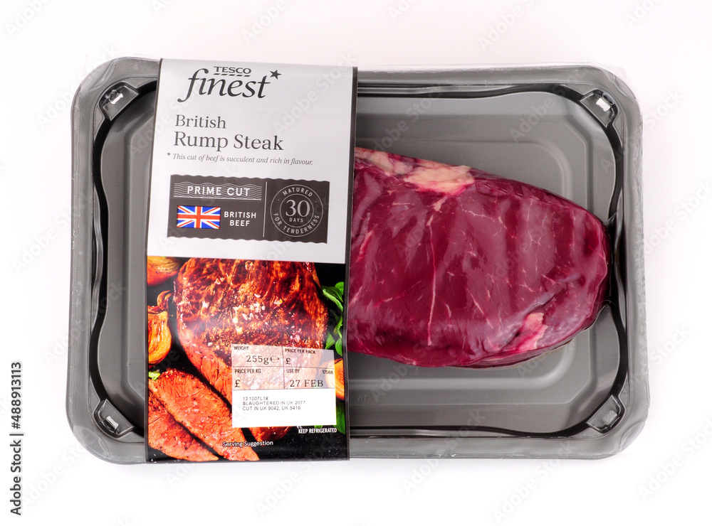 Tesco supermarket finest prime cut fresh British rump steak meat ...