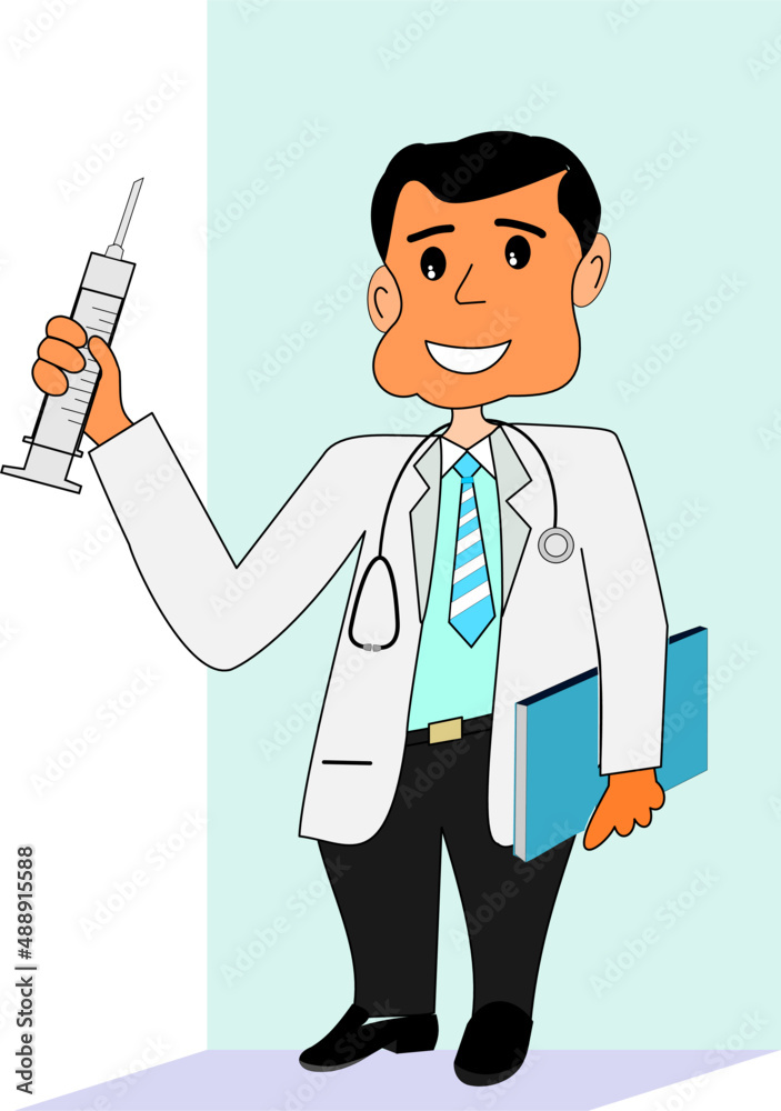 Doctor standing holding syringes and medical stuff. Flat illustration ...