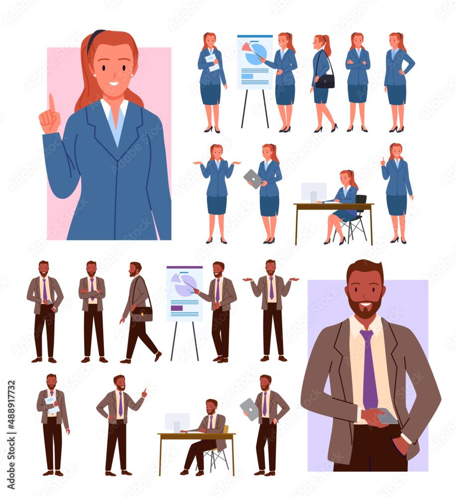 Cartoon office worker character showing business presentation on ...