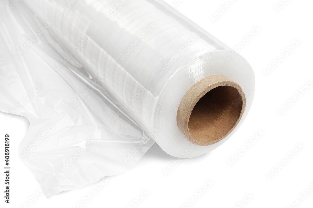 Roll of plastic stretch wrap film isolated on white, closeup Stock ...
