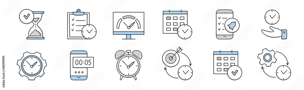 Time management doodle icons hourglass with tick, to-do list, calendar ...