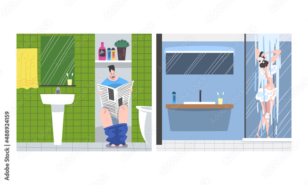 Everyday hygienic procedures set. Man sitting on toilet and reading ...