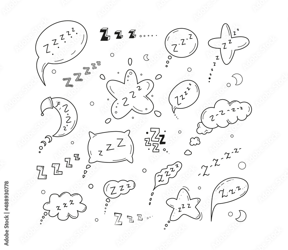 Zzz sleep night doodle icons set. Cute hand drawn sleepy symbol ...