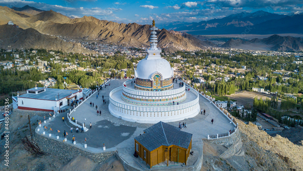 Aerial view Shanti Stupa buddhist white domed stupa overlooks the city ...