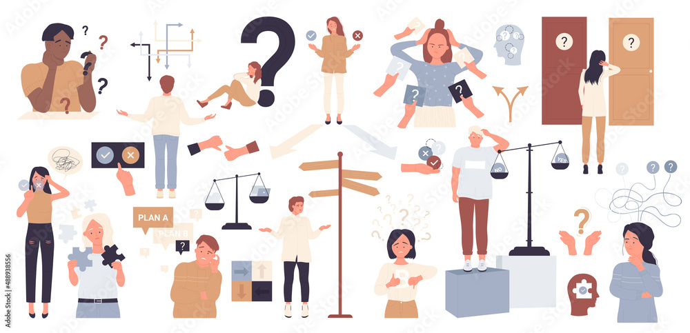 Persons with difficult choice set vector illustration. Cartoon worried ...