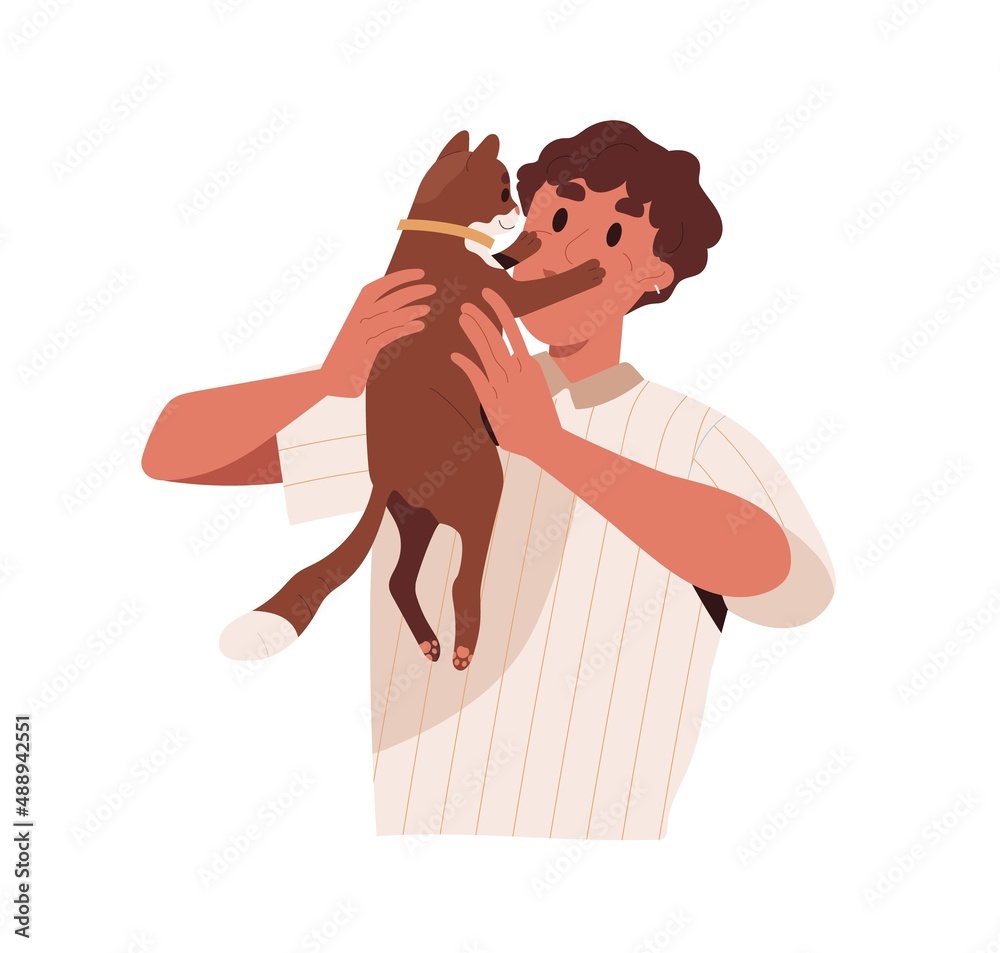 Happy person holding cute funny cat in hands. Pet owner and lovely ...
