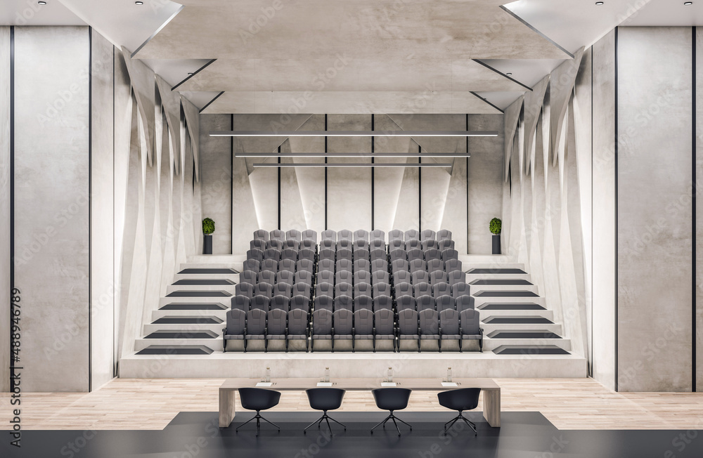 Bright luxury concrete lecture hall auditorium interior with seats and ...