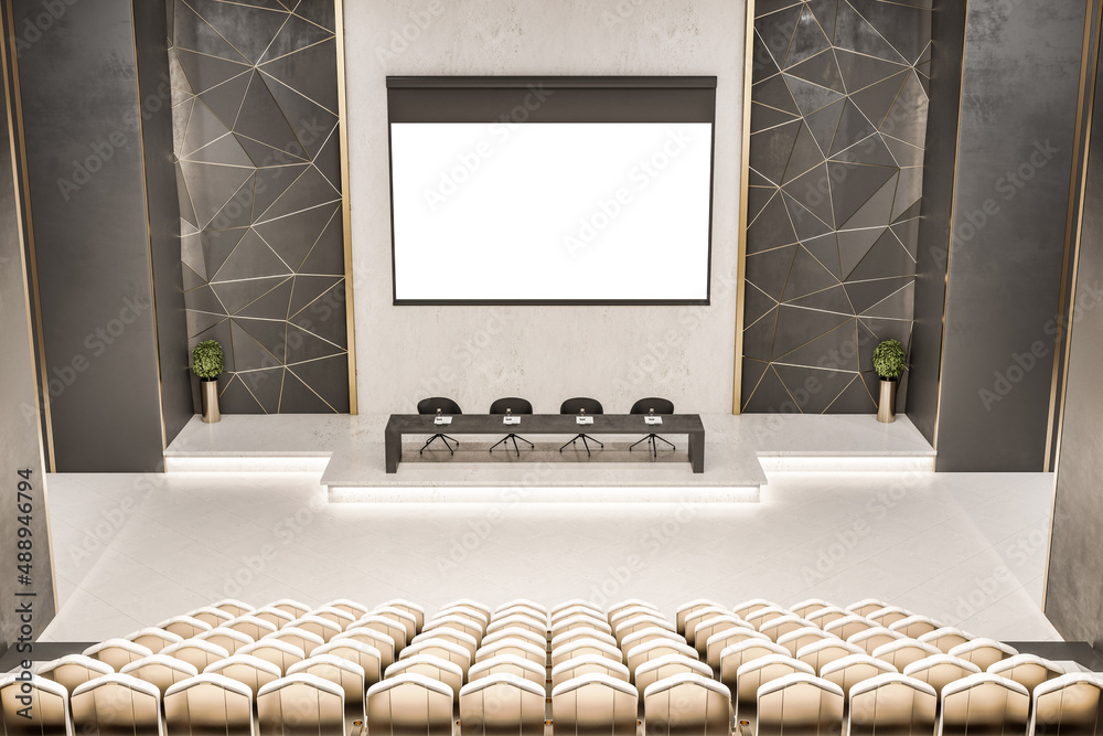 Bright luxury concrete lecture hall auditorium interior with mock up ...