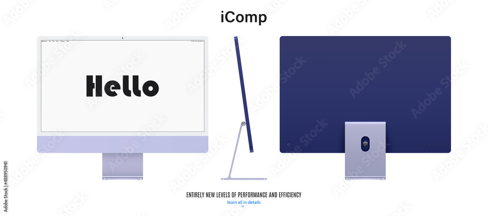 computer monitor purple color with blank screen saver front, back and ...