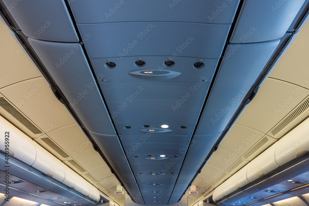 Design of ceiling in cabin of airplane. The interior cabin of ...