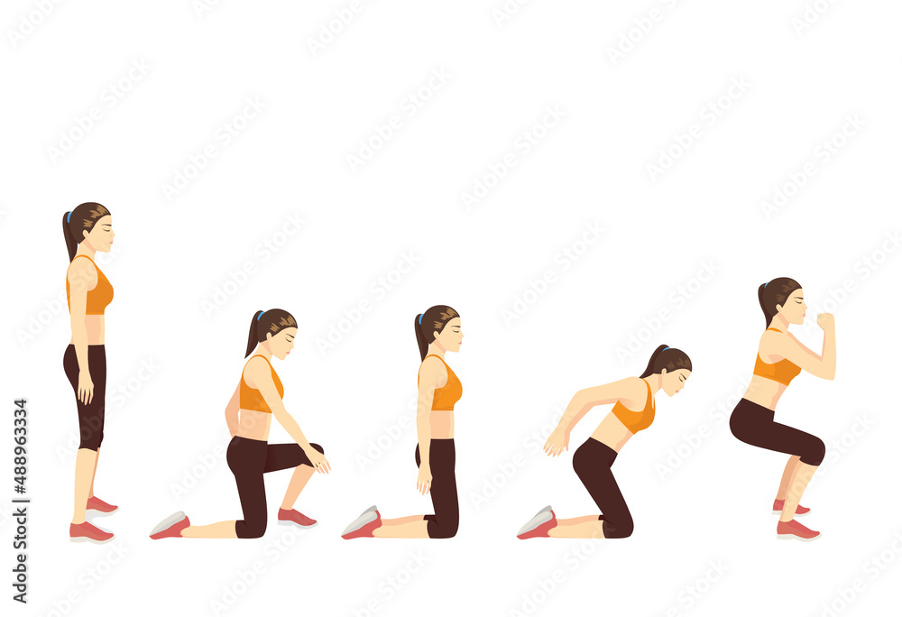 Women doing exercise with Knee to squat. Workout diagram for a target ...