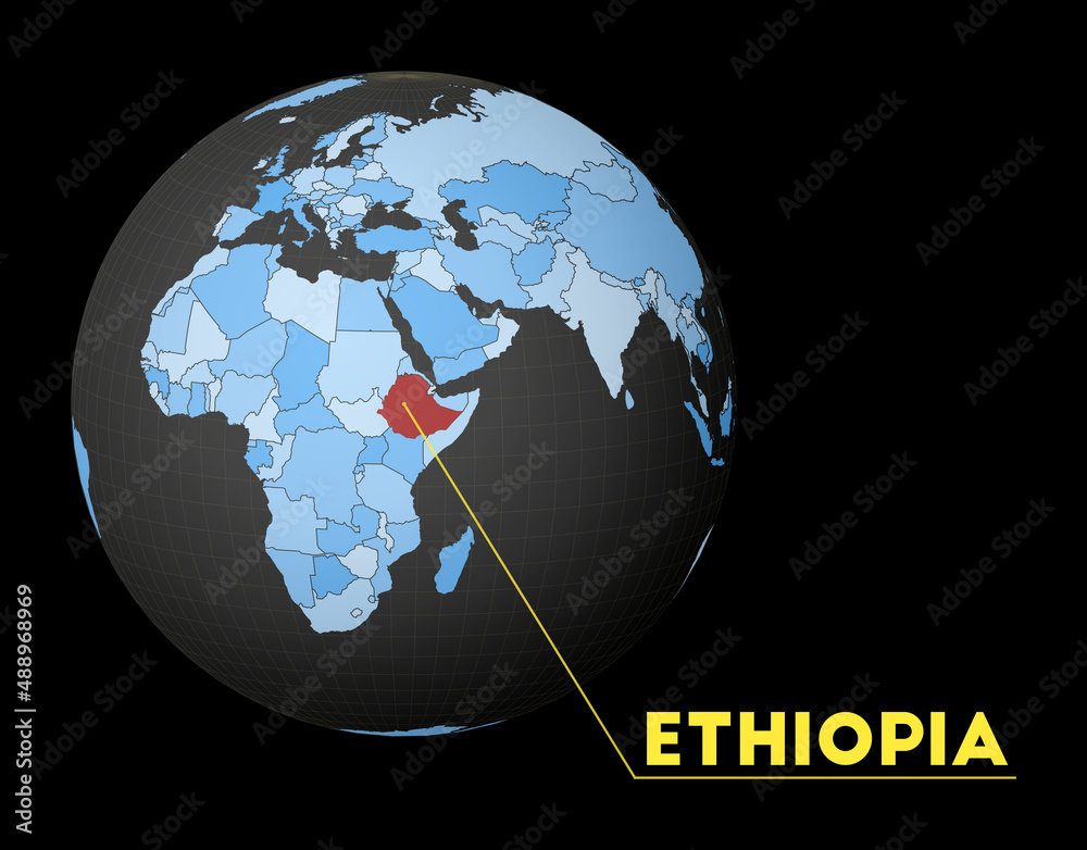 Ethiopia on dark globe with blue world map. Red country highlighted ...