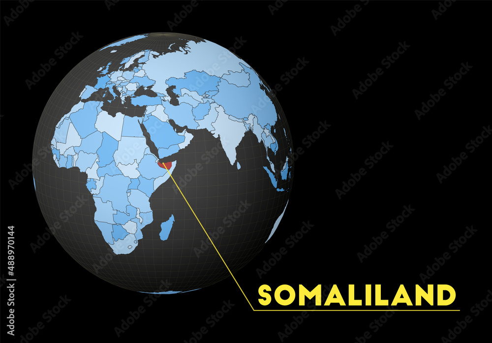 Somaliland on dark globe with blue world map. Red country highlighted ...