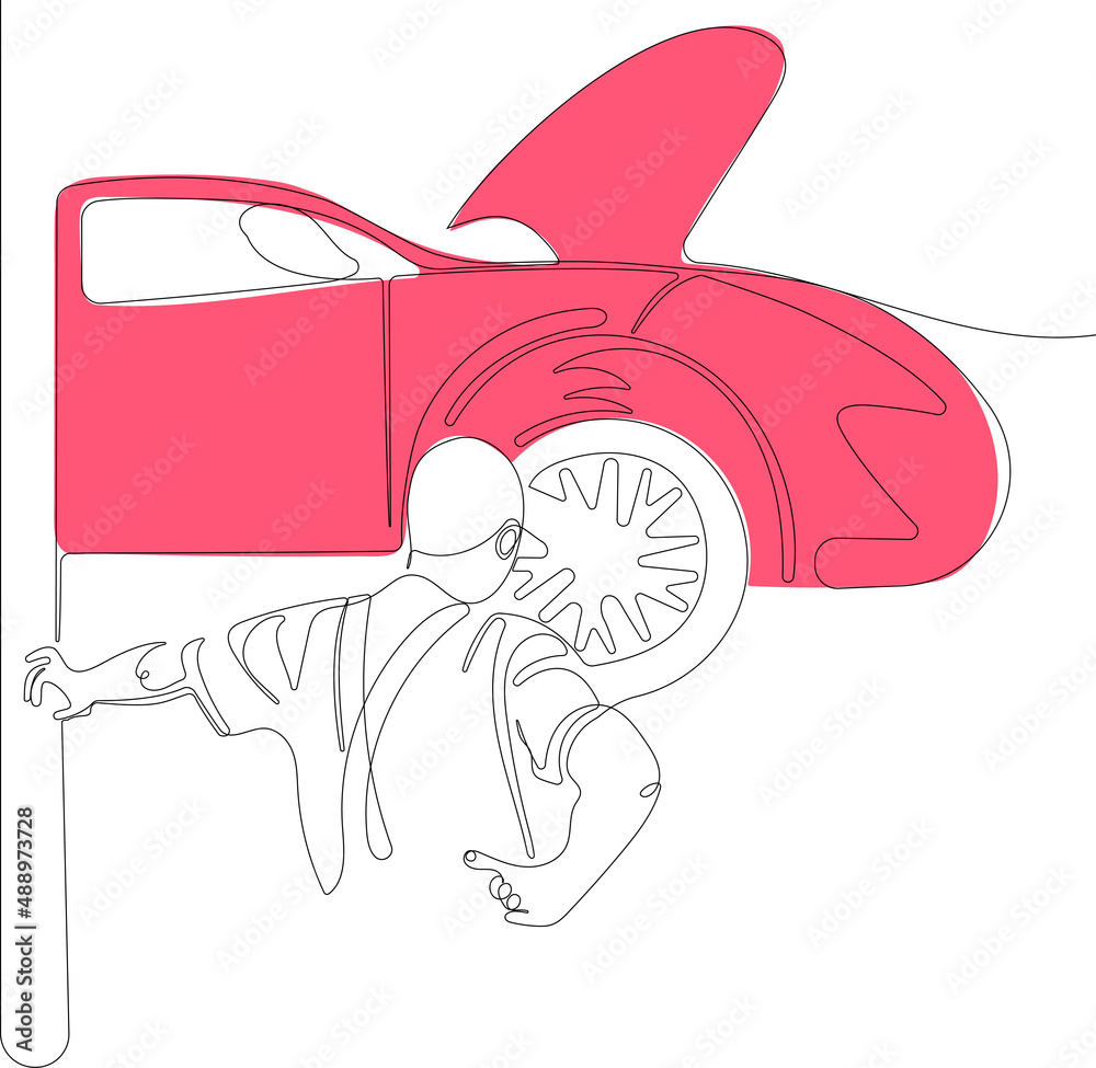 Continuous line drawing of a repairman in uniform looks at a raised red ...