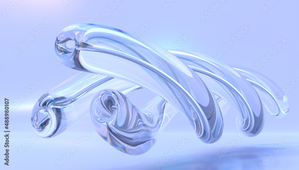 Abstract geometric blue background with glass spiral tubes, flow clear ...