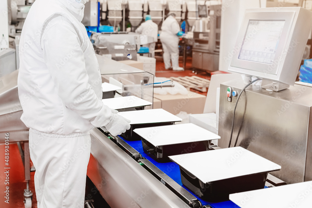 Group of workers working at a chicken factory food processing plant ...