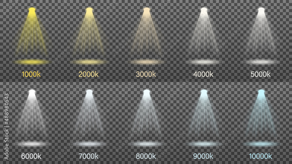 Set of light from lamps, spotlights. Color temperature from 1000 to ...