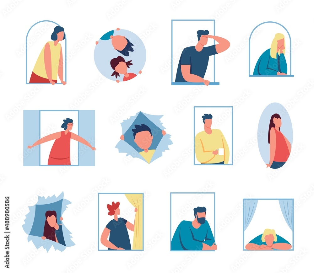 Characters looking out window, people peeping through hole in paper ...