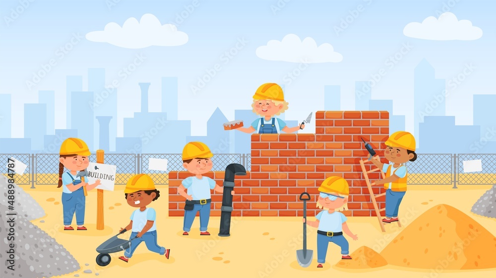 Kids building house together, little builders with construction tools ...