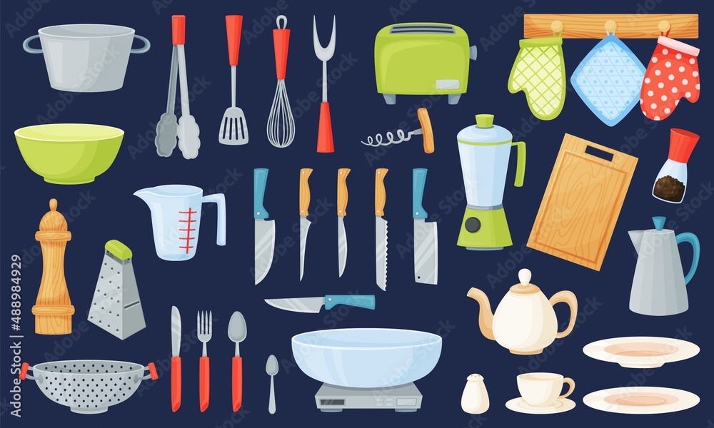 Cartoon kitchen utensils and tools, cooking equipment, kitchenware ...