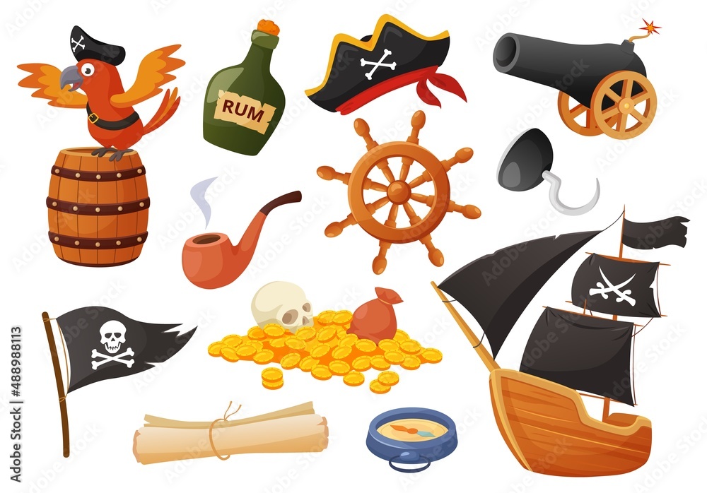 Cartoon pirate elements, parrot, cannon, treasures, sailing ship. Flag ...