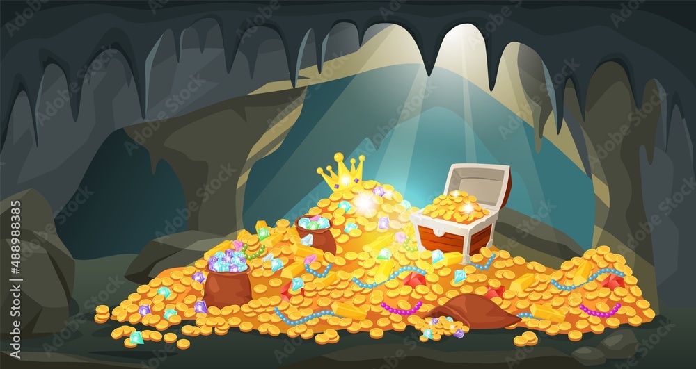 Cartoon treasure cave with piles of coins, gold bars, gems and jewels ...