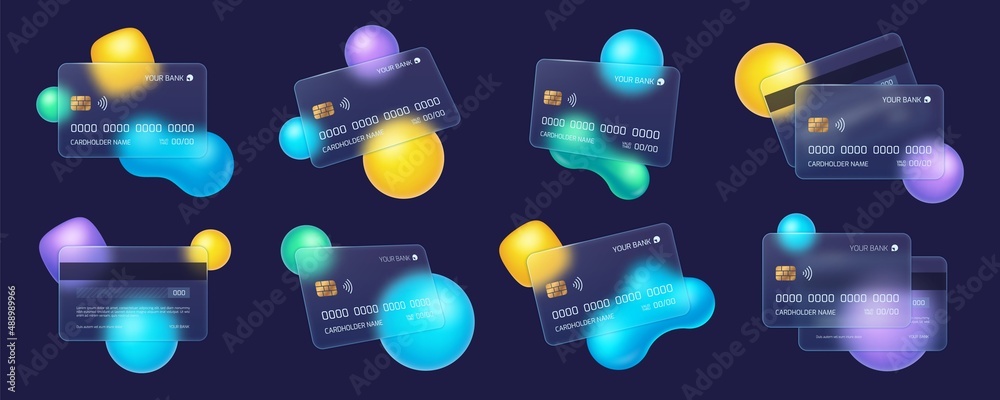 Glassmorphism credit card, frosted glass bank cards with blur effect ...