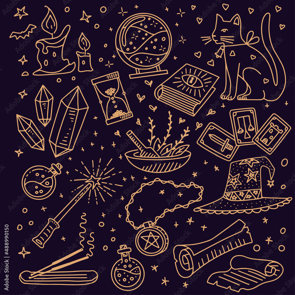 Magic doodle set. Liniar illustration gold black background. Vector ...
