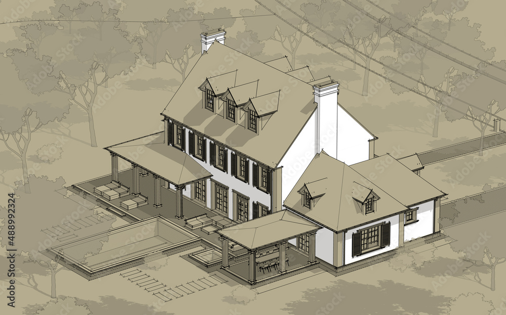 3d rendering of modern cozy classic house in colonial style with garage ...