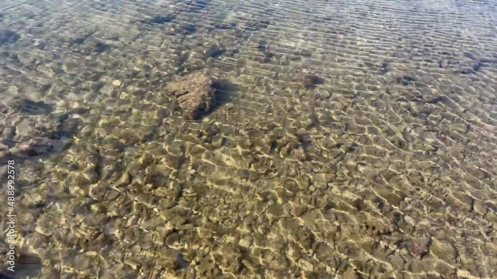 Transparent water and sandy bottom. Close-up view. Wind and ripple. Sea ...