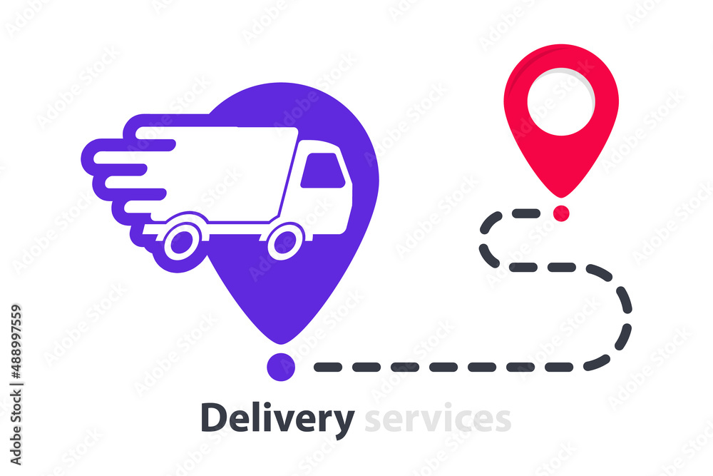Delivery truck with map location, route path concept. Cargo van moving ...