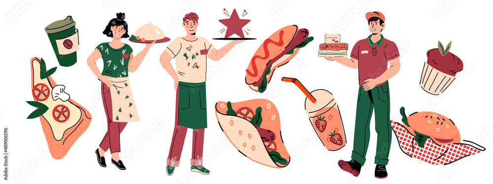 Restaurant staff characters waiters and delivery man among fast food ...