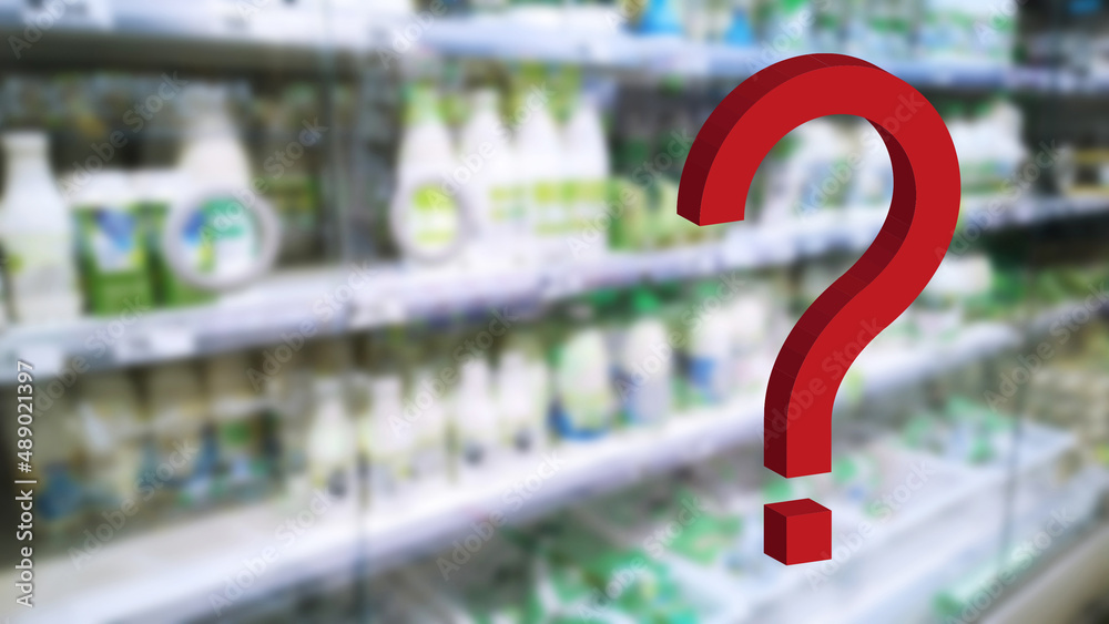 Large red 3d question mark on abstract blur supermarket background ...