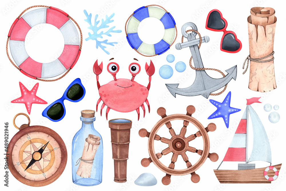 Nautical elements set. Anchor, compass, ship, crab, lifebuoy, map on a ...