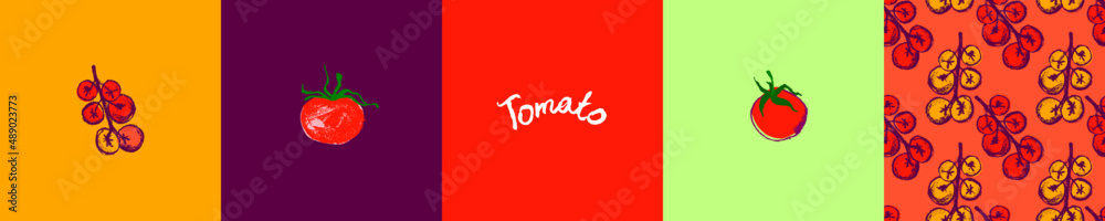 Vector set of design elements with Cherry tomatoes seamless pattern for ...