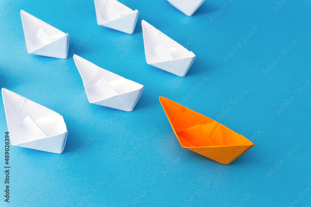 Business Leadership Concept - Orange Color Paper ship Origami leading ...