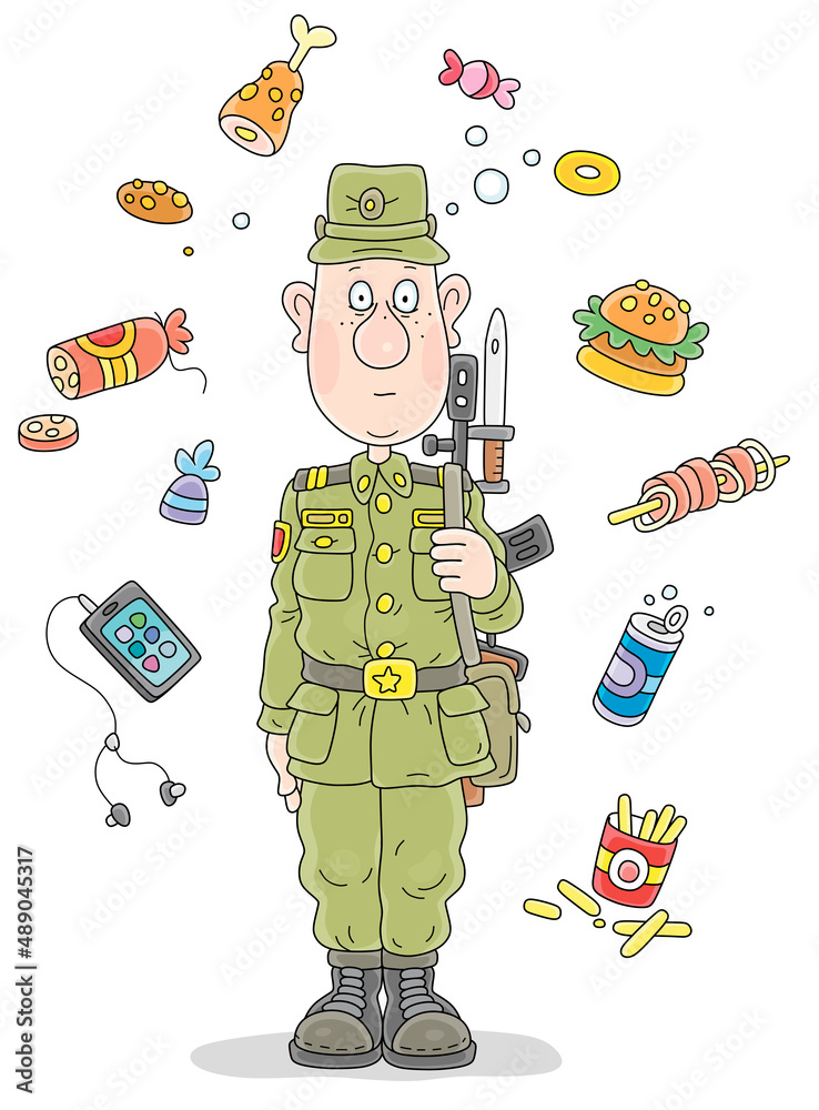 Hungry young soldier in military uniform standing on sentry with a ...