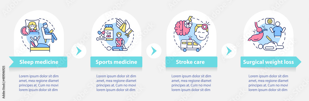 Services for patients round infographic template. Medical care. Data ...
