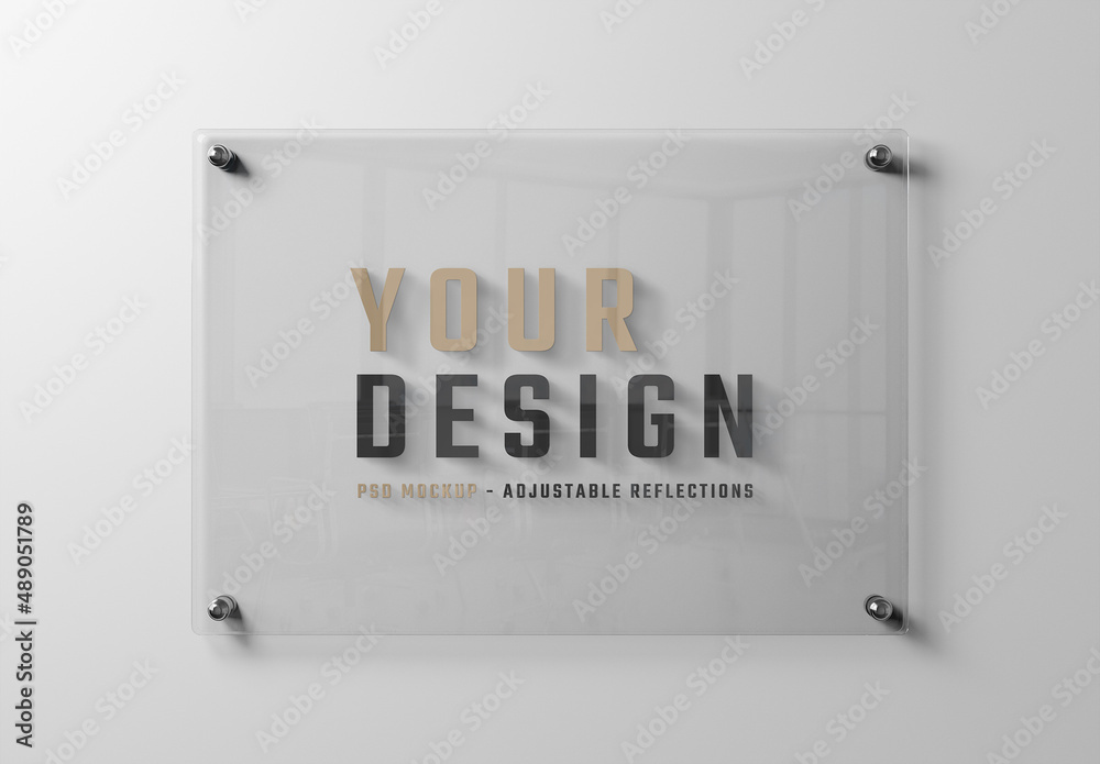 Glass Sign Plate on White Wall Mockup Stock Template | Adobe Stock