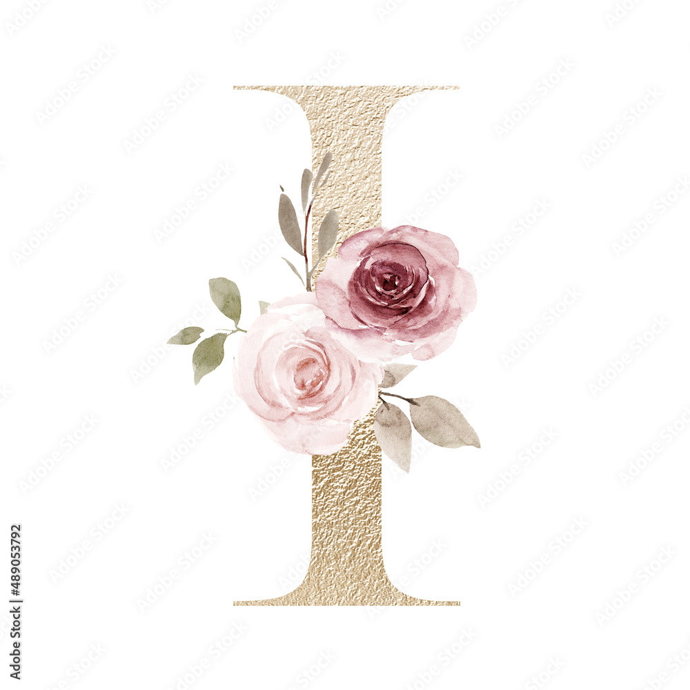 Monogram i, letter with watercolor flowers and leaf. Floral alphabet ...
